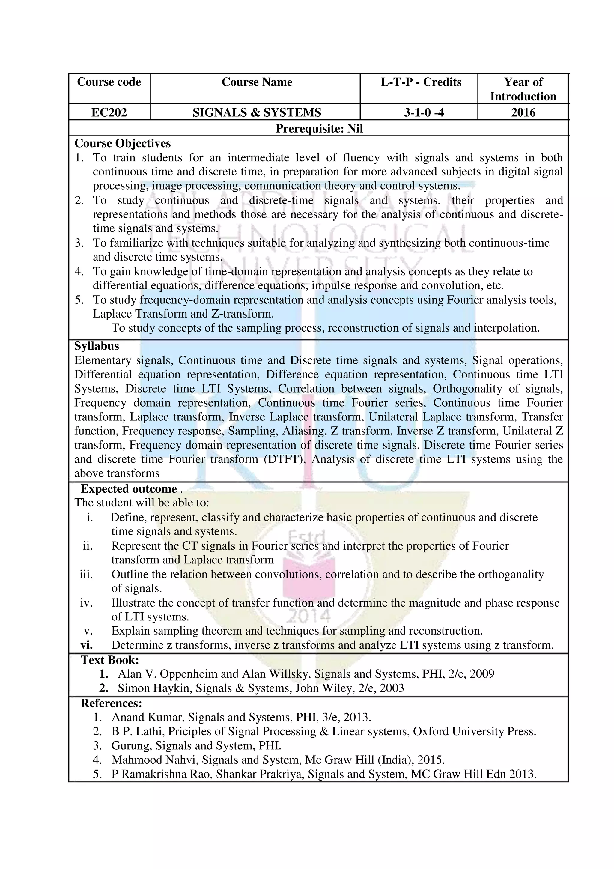 EC202 SIGNALS & SYSTEMS SYLLABUS | PDF