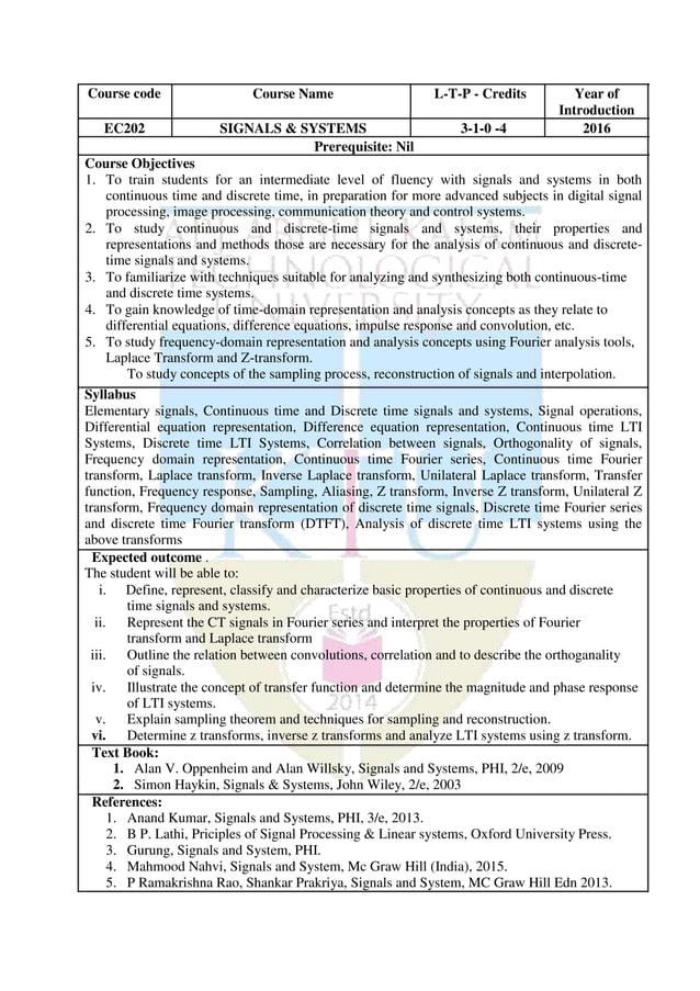 EC202 SIGNALS & SYSTEMS SYLLABUS | PDF