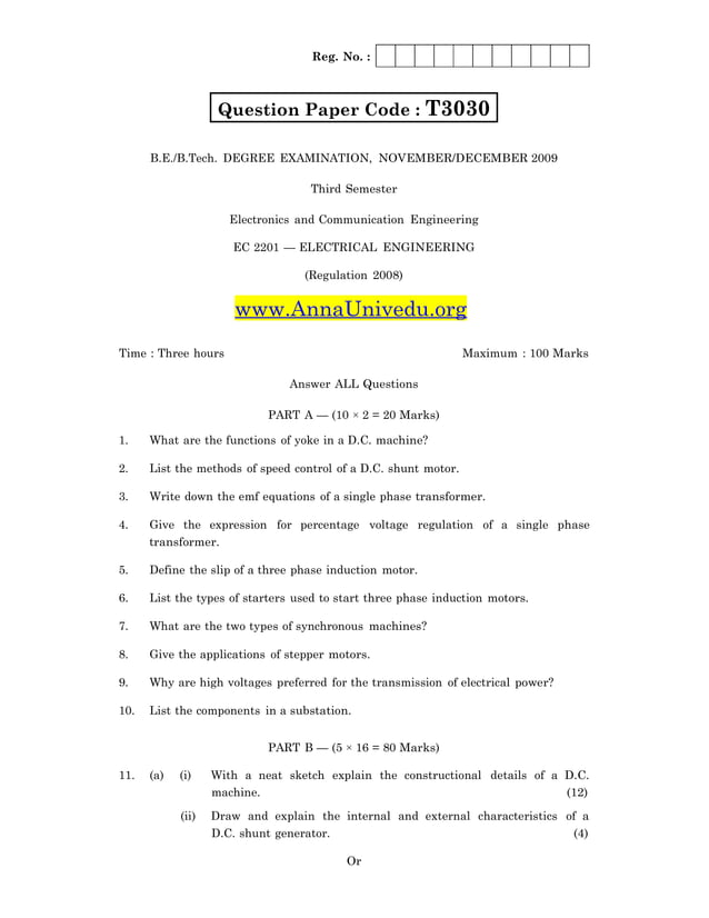 Ec 2201 Electrical Engineering Question Paper for Anna University Exams ...