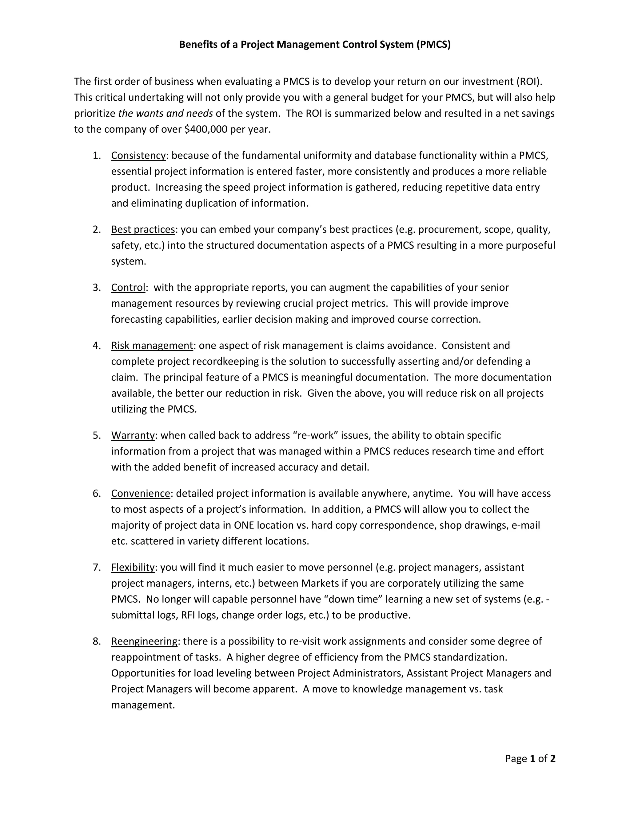 Benefits of a Project Management Control System | PDF