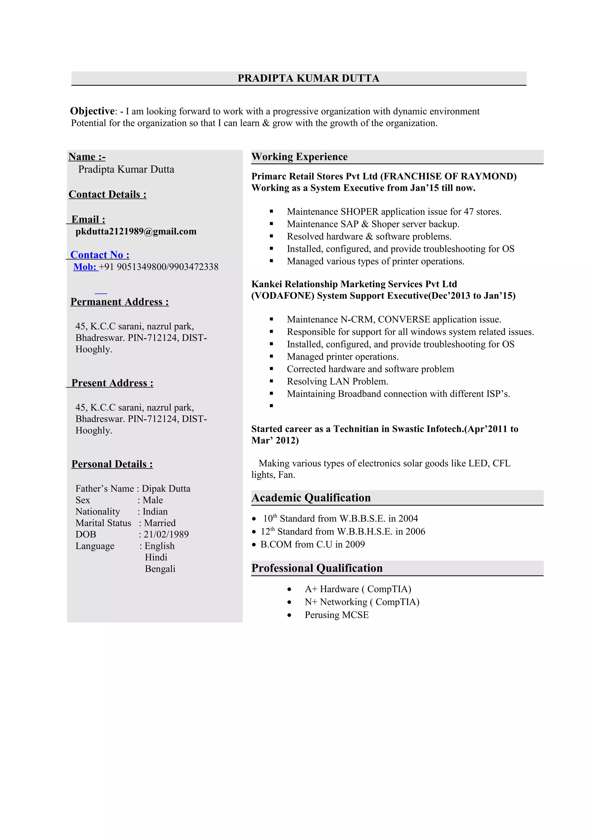 CV of Pradipta Kumar dutta | DOC | IT and Internet Support | Internet