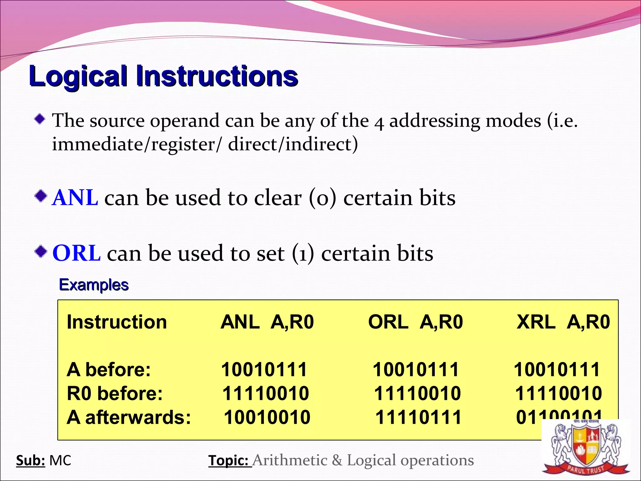 Arithmetic & logical operations in 8051 | PPT
