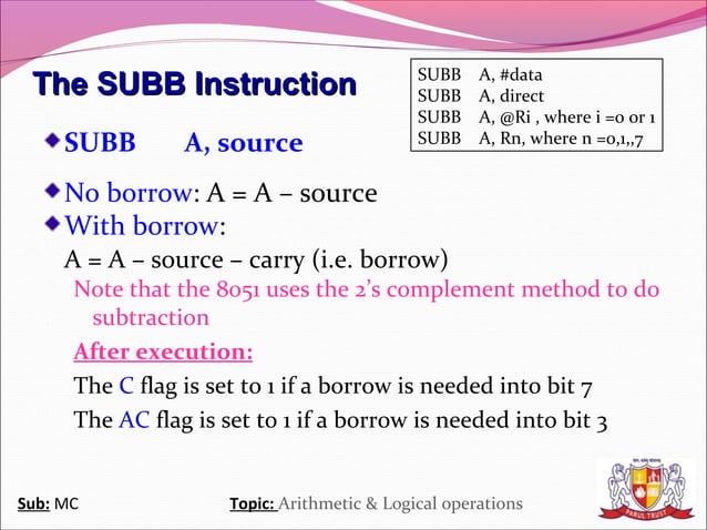 Arithmetic & logical operations in 8051 | PPT