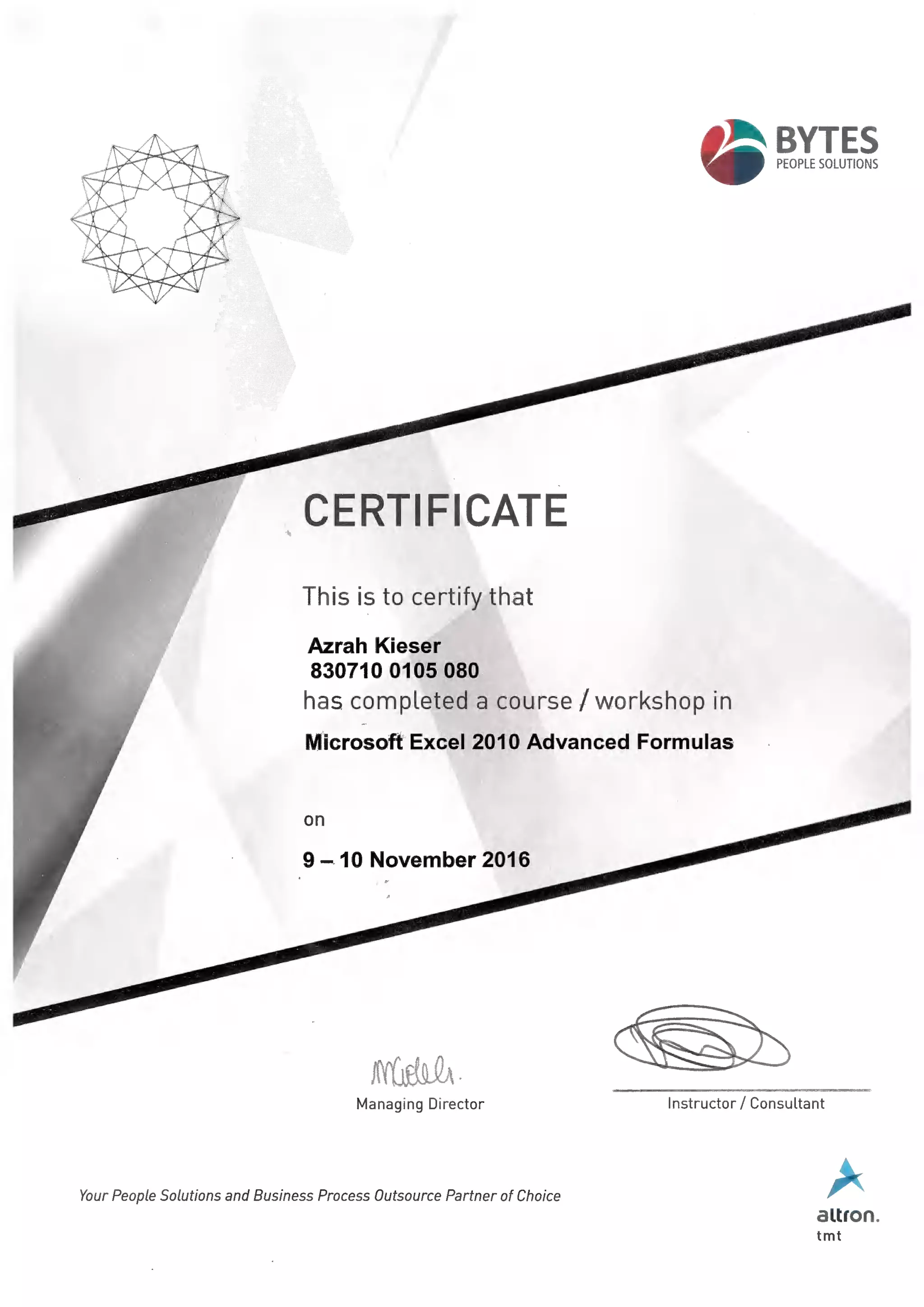 EXCEL CERTIFICATE AZRAH | PDF