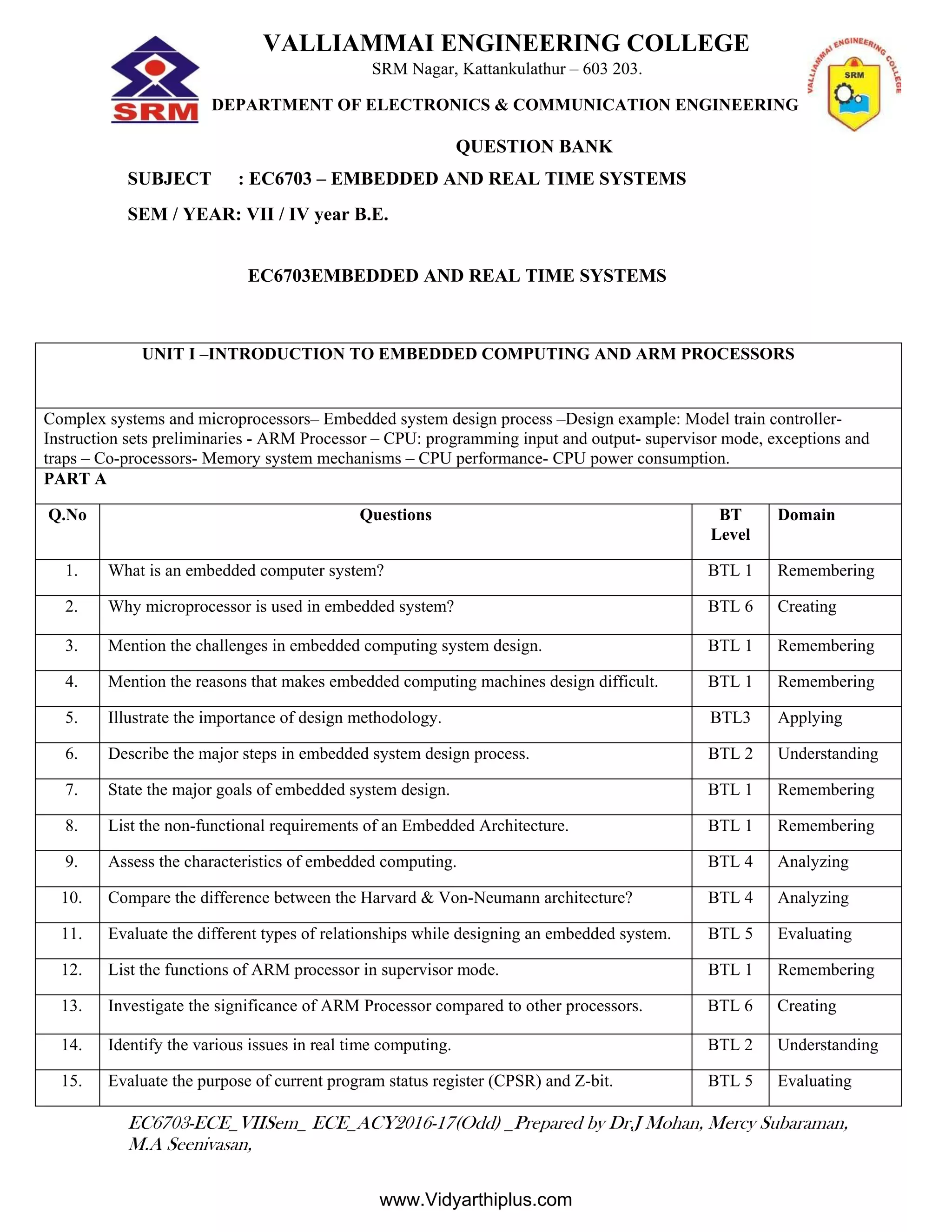 Ec6703 embedded and real time systems(1) | PDF