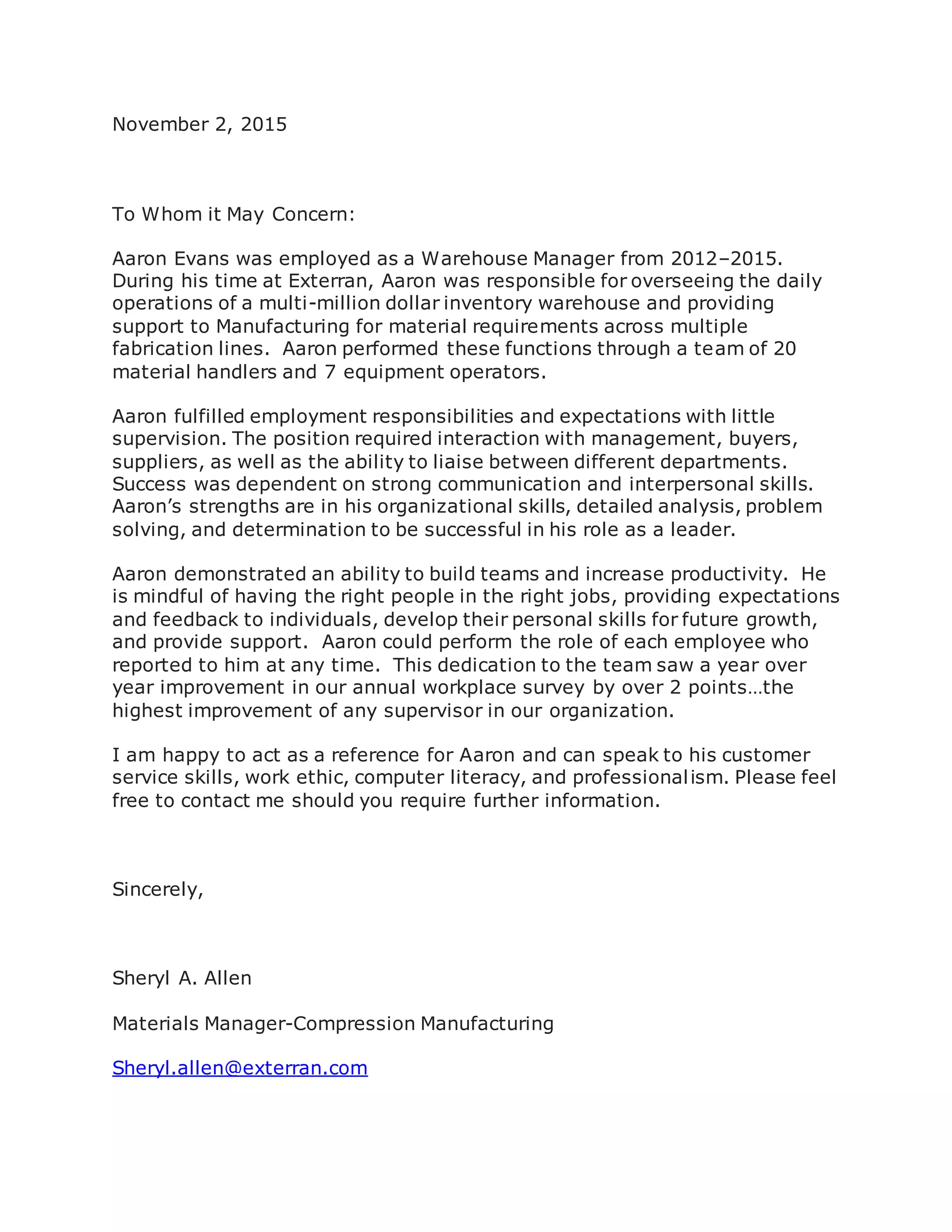 Exterran Recommendation Letter | DOCX | Business | Business and Finance