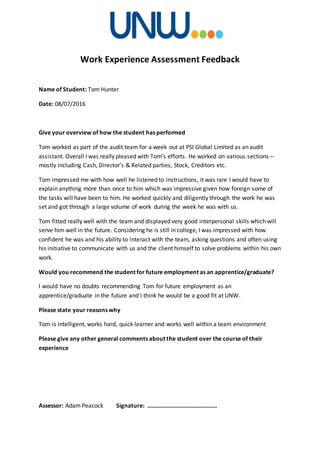Work Experience Assessment Feedback | PDF