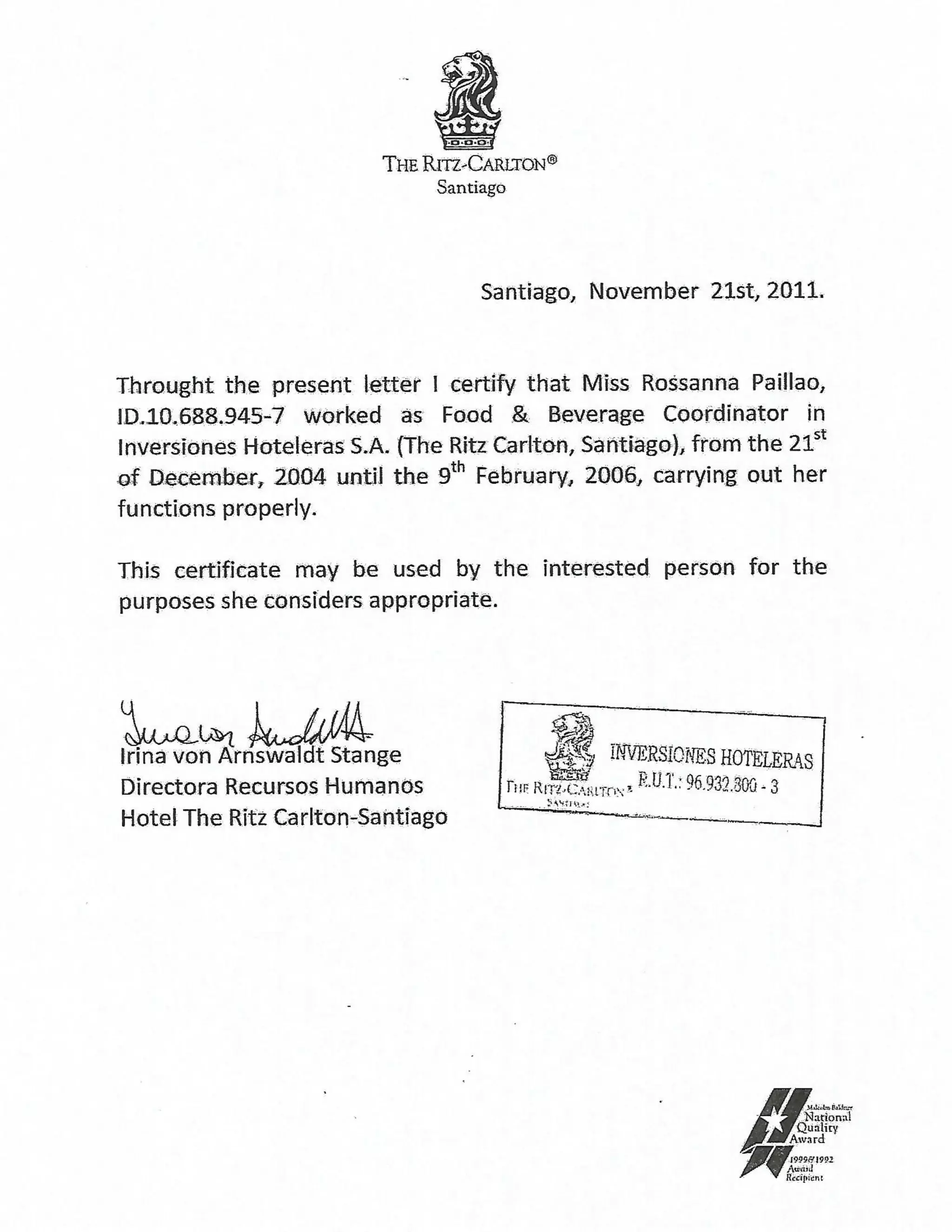 Recommendation Letter The Ritz Carlton Hotel | PDF