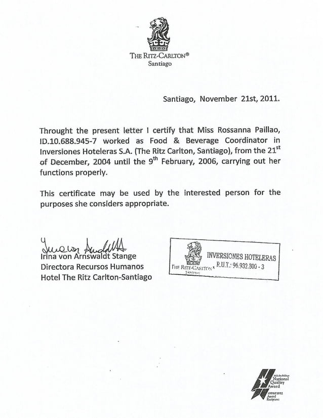 Recommendation Letter The Ritz Carlton Hotel