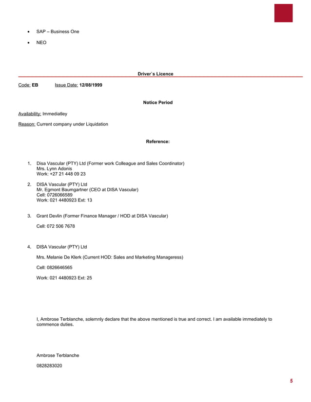 Mr. Ambrose Terblanche CV | PDF