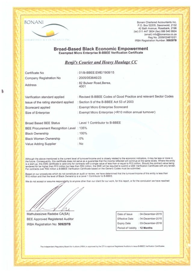 BEE Certificate | PDF