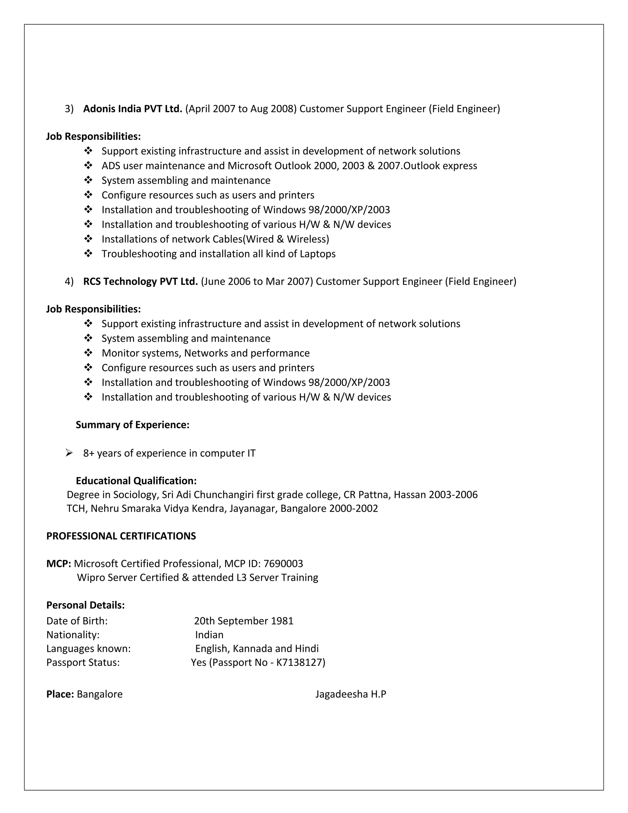 Resume - Jagadeesh | DOC