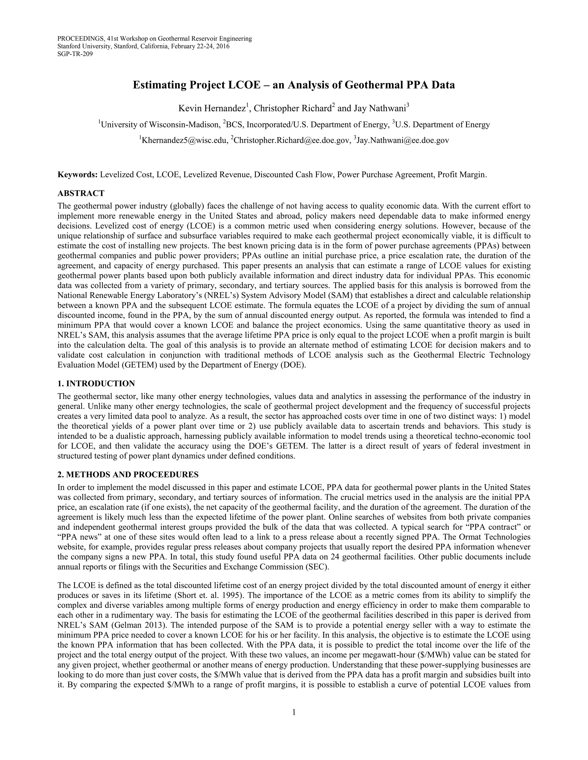 Estimating Project LCOE-an Analysis of Geothermal PPA Data | PDF
