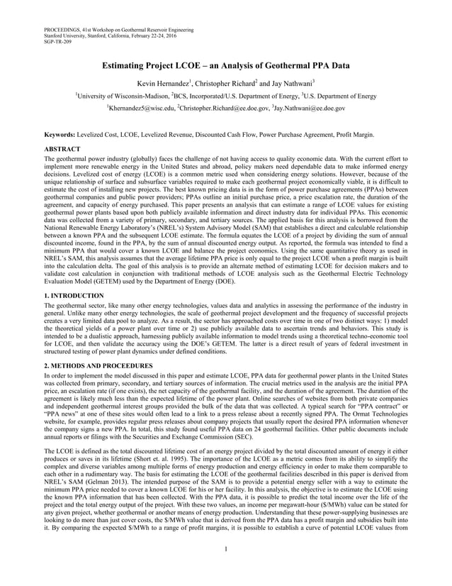 Estimating Project LCOE-an Analysis of Geothermal PPA Data | PDF