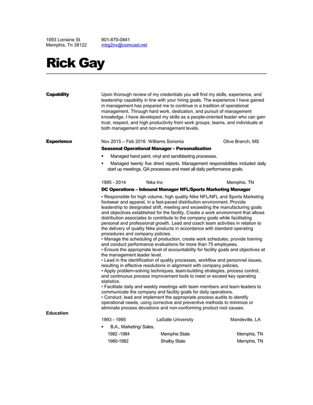 Rick Gay Resume | DOC | Business Operations | Business