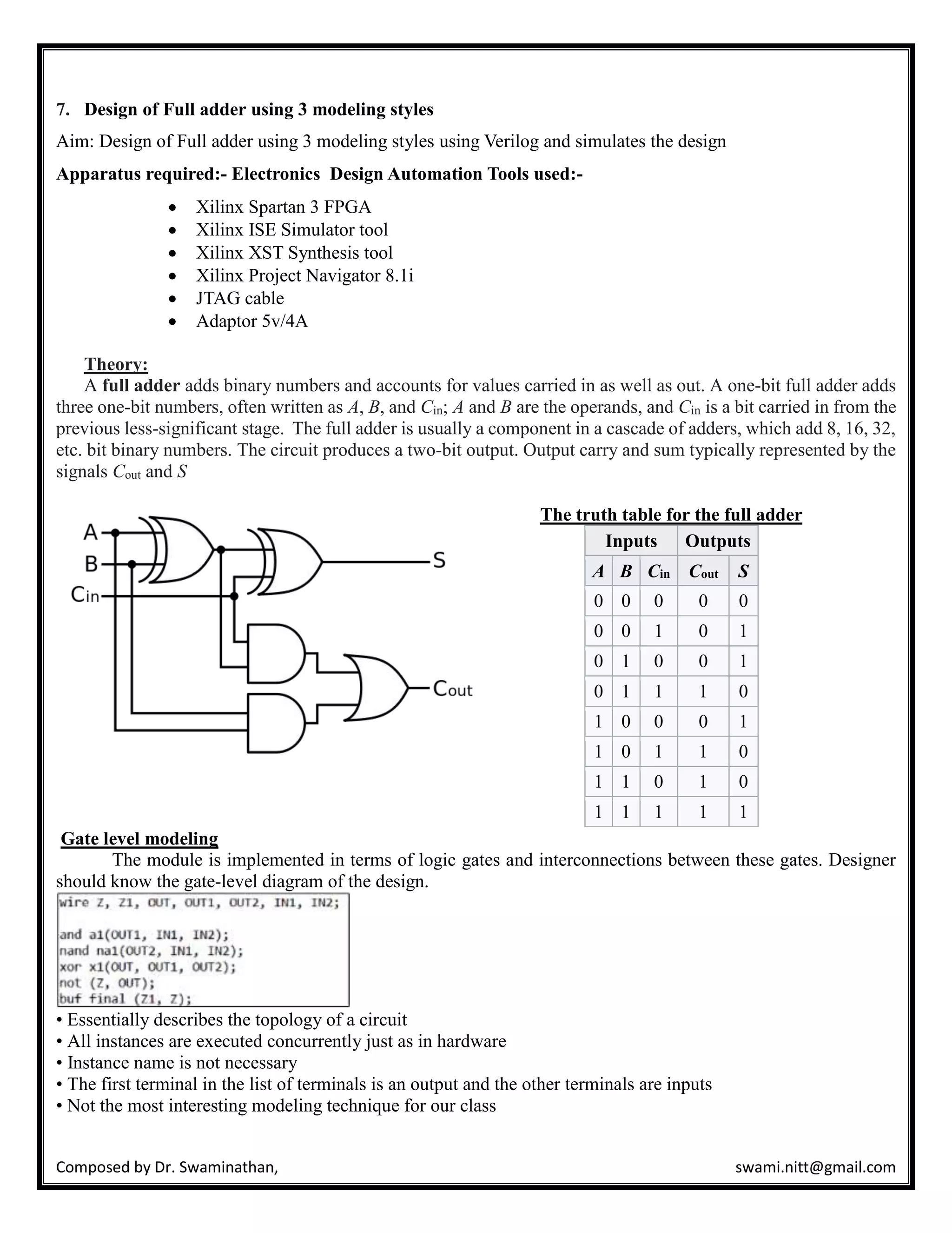 Verilog lab manual (ECAD and VLSI Lab) | PDF