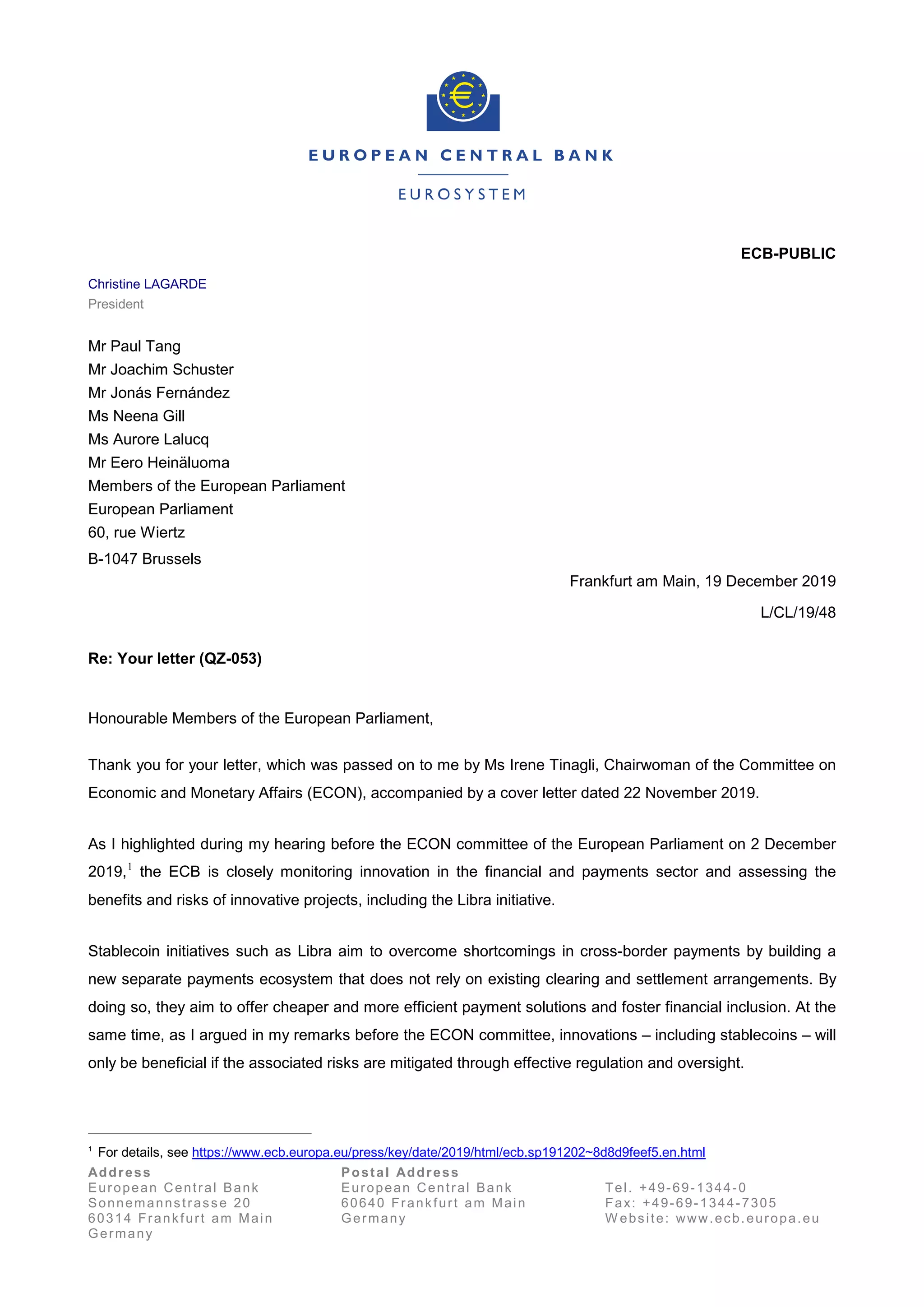 Lettre de Christine Lagarde aux parlementaires européens | PDF