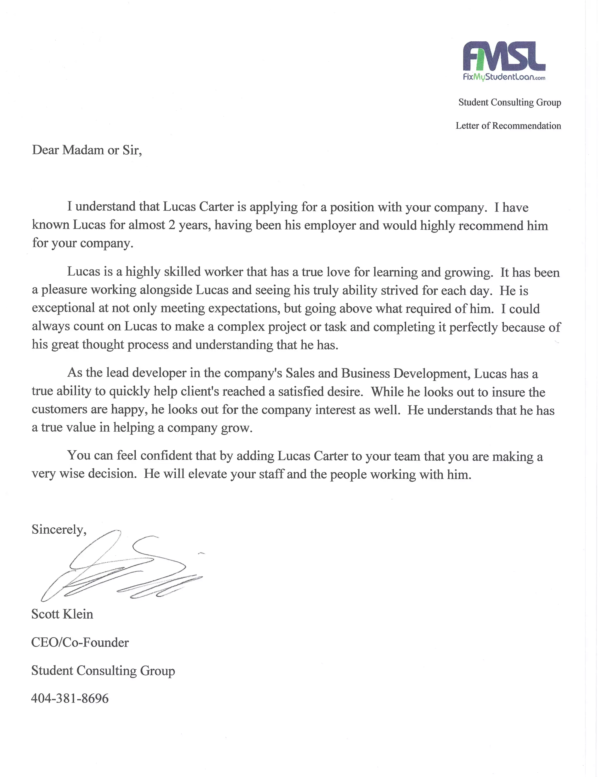 Lucas Carter-Letter of Recommendation | PDF