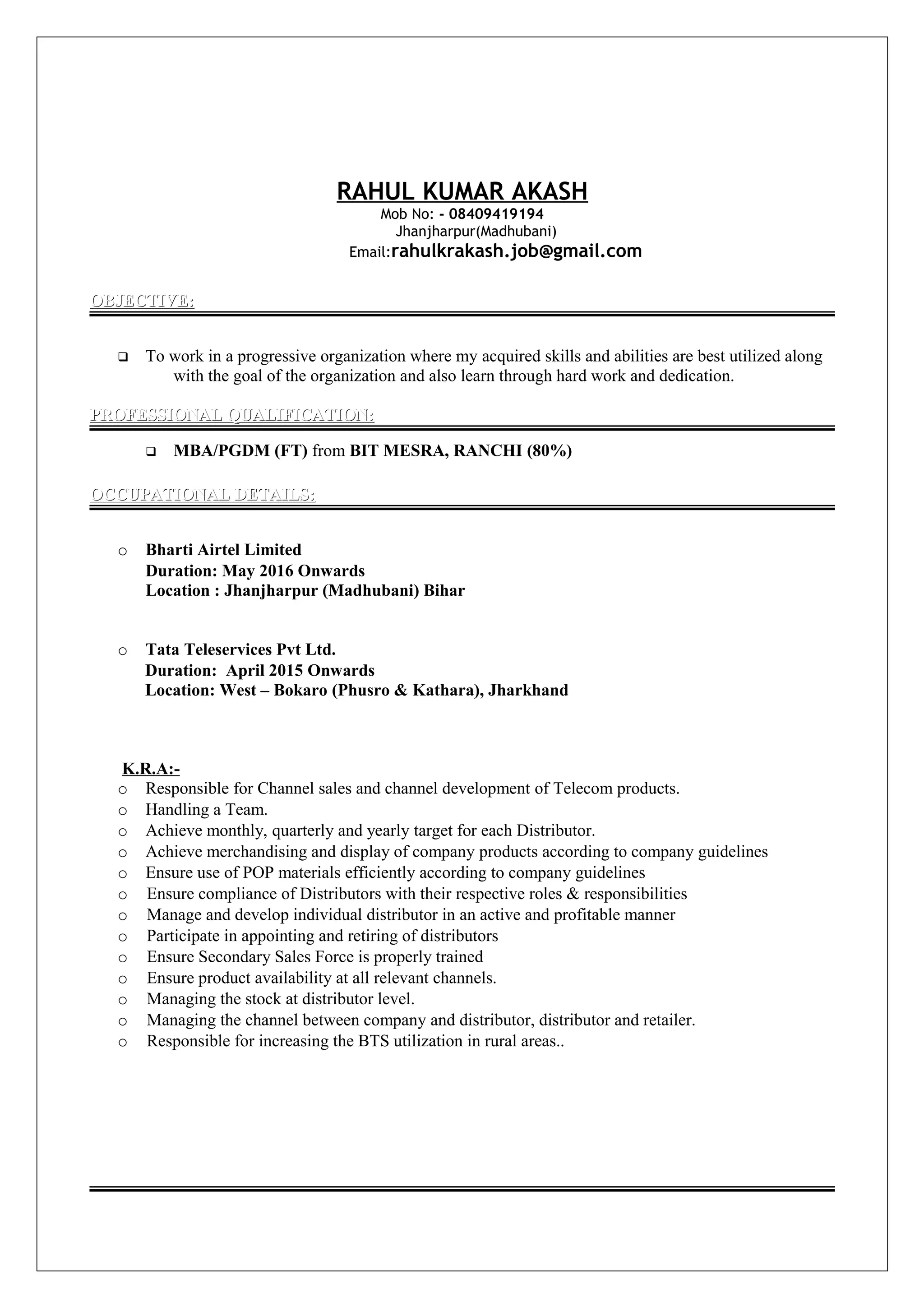 rahul cv | DOC | Business | Business and Finance