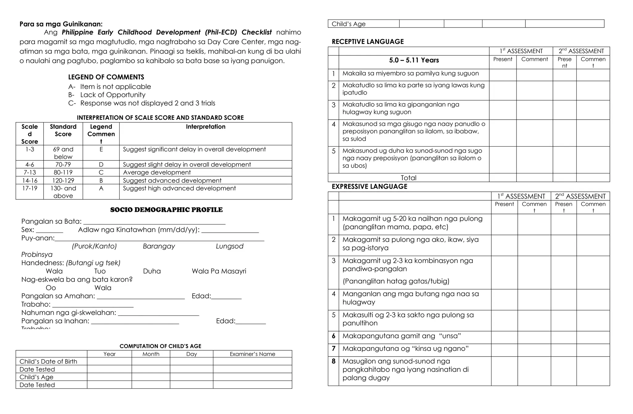 ECCD-Sinugbuanong Bisaya Assessement for Kindergarten Pupils | DOCX