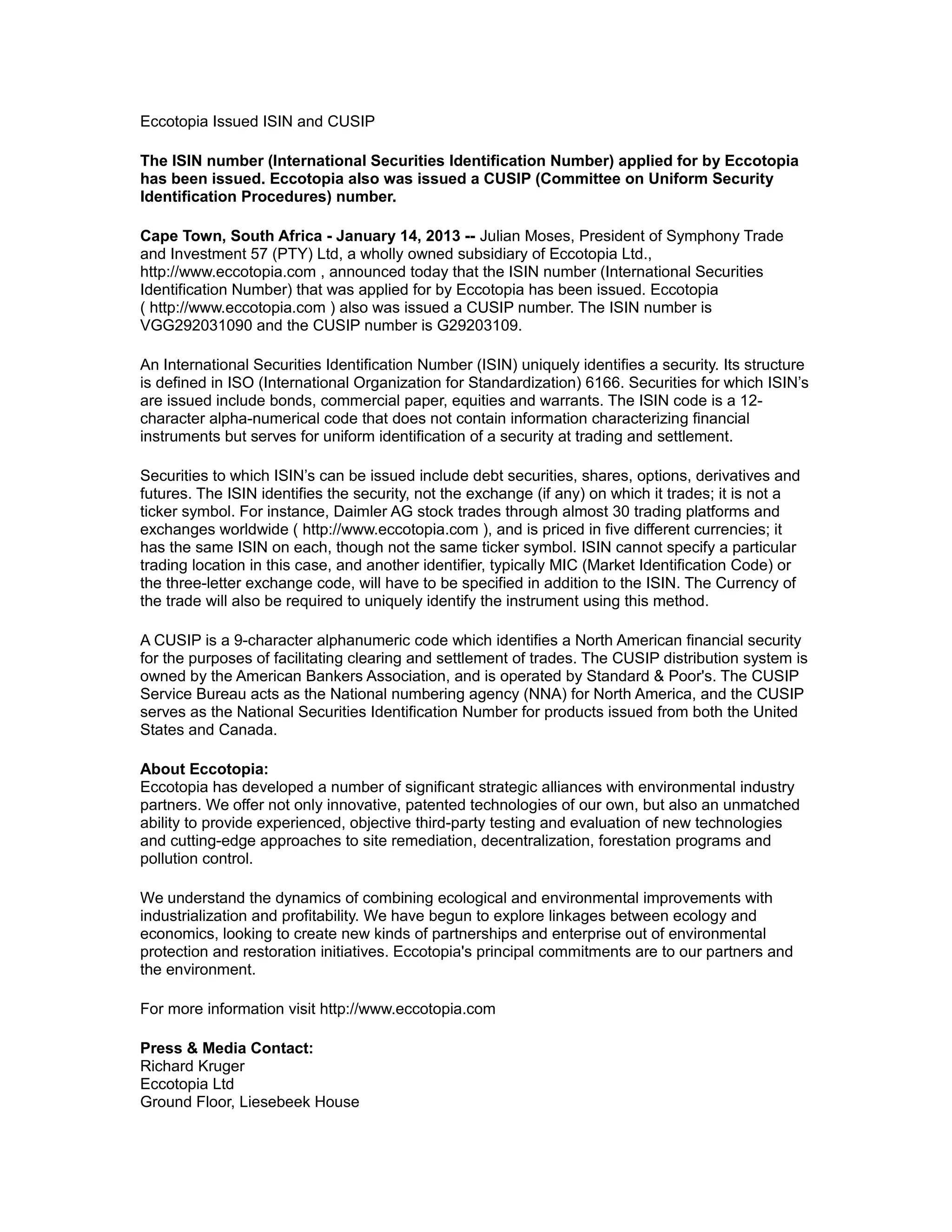 Eccotopia Issued ISIN and CUSIP | PDF