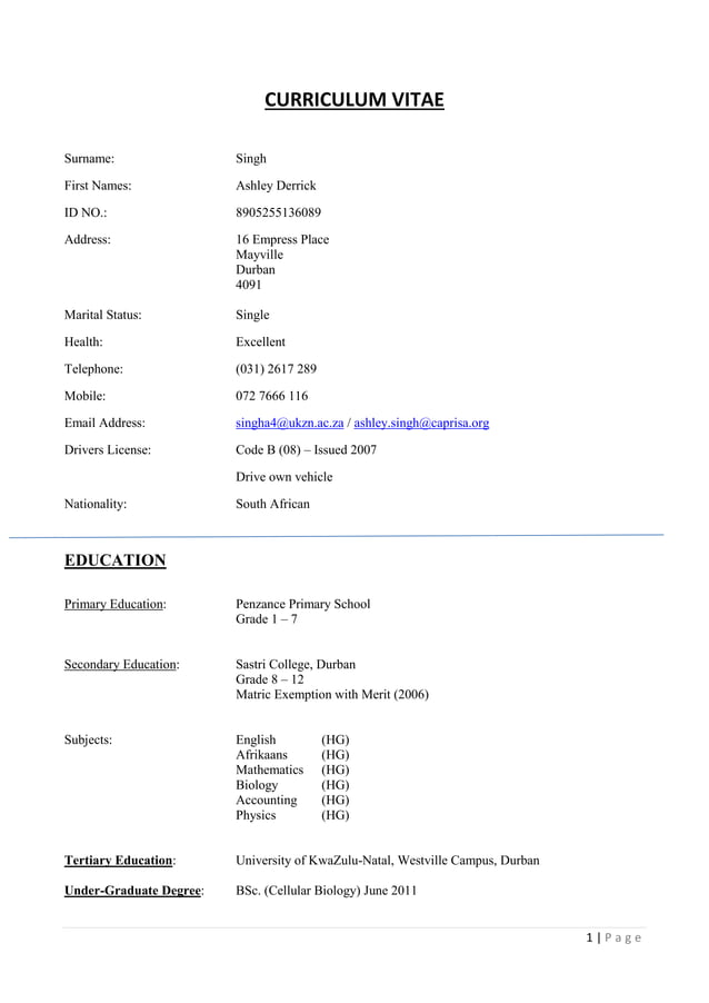 CURRICULUM VITAE- Ashley Singh | PDF