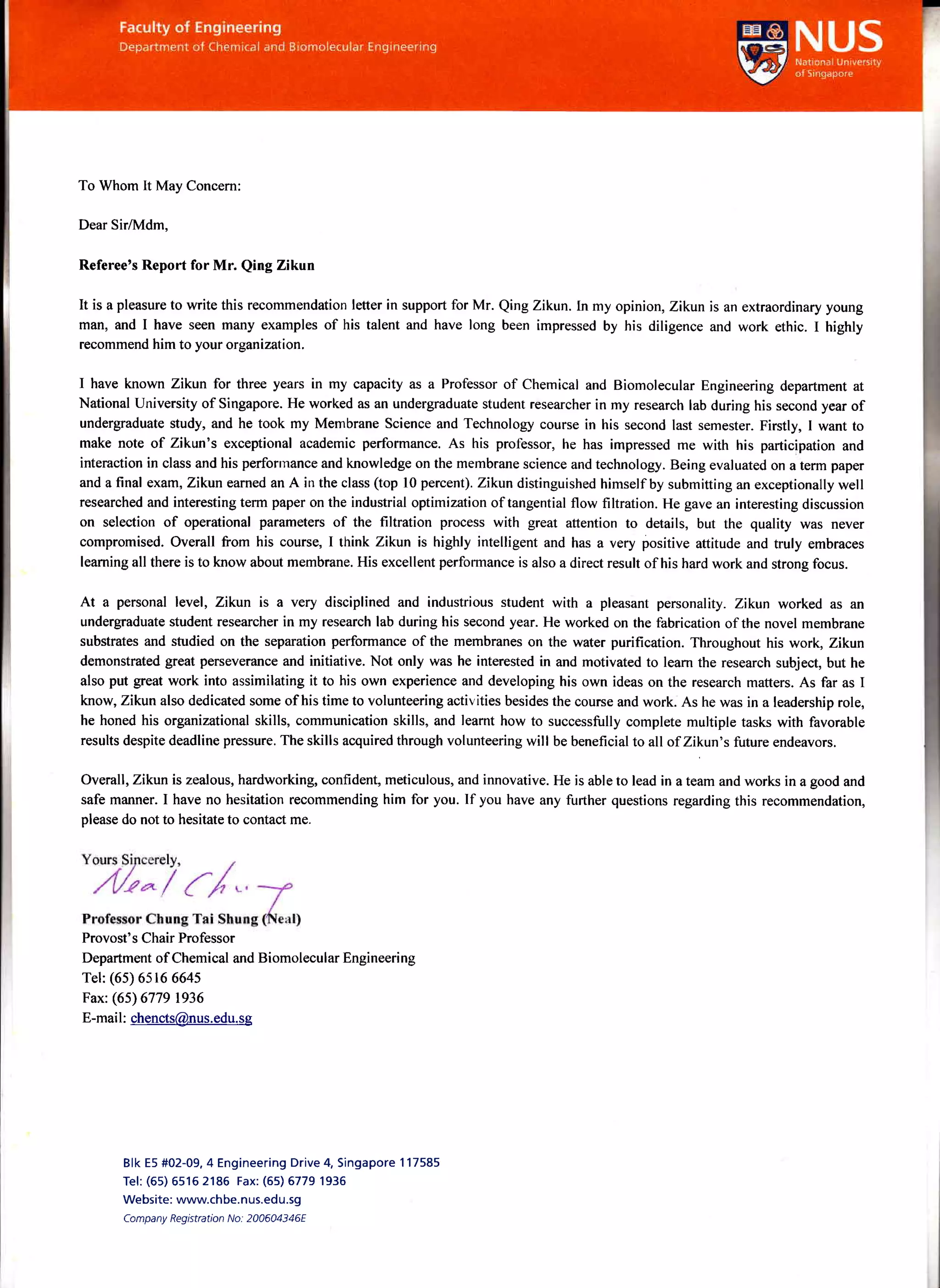 Prof Chung Reference letter | PDF