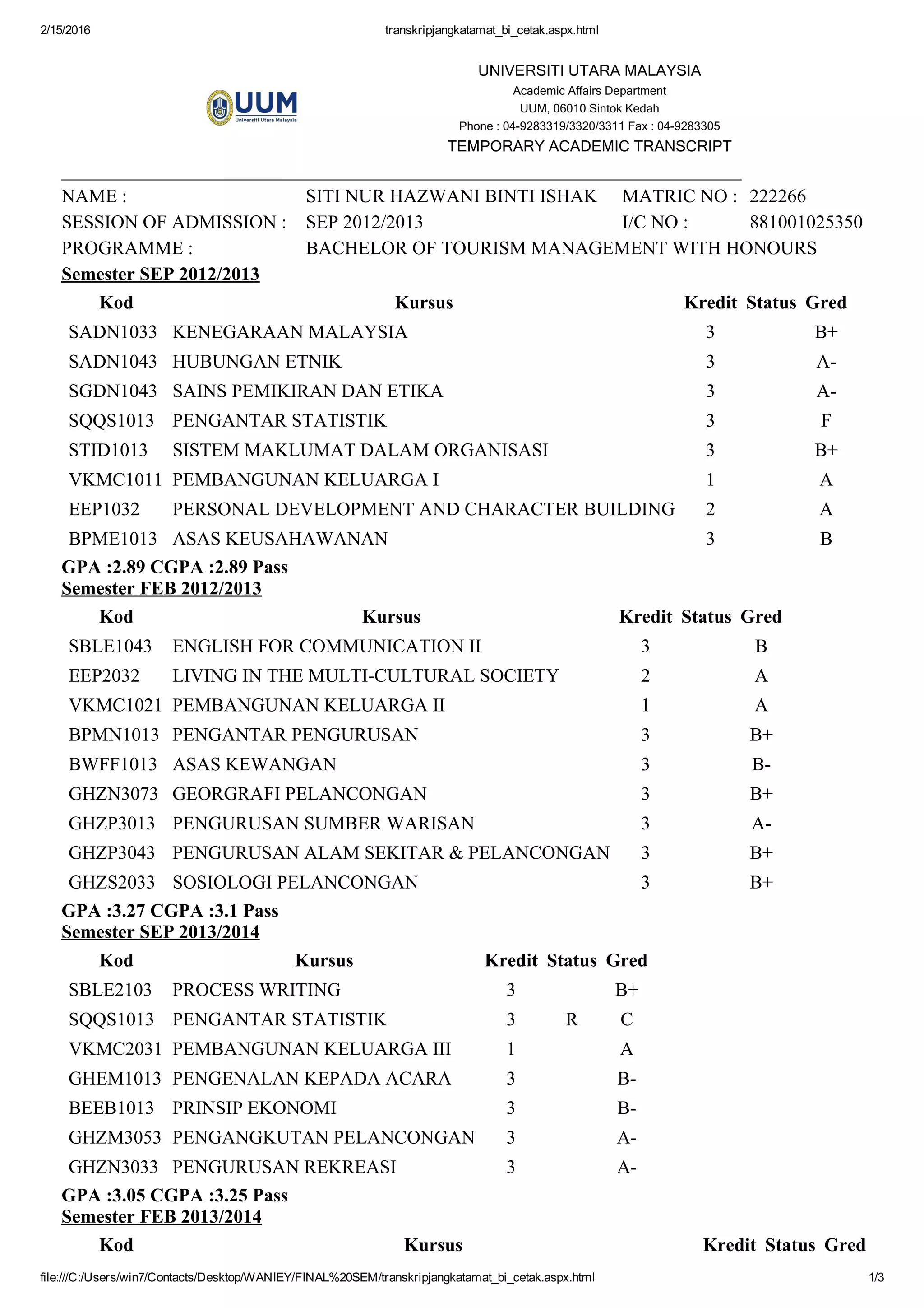 TEMPORARY TRANSCRIPT (ENG) | PDF