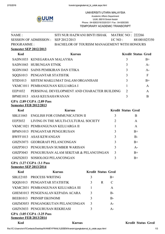 TEMPORARY TRANSCRIPT (ENG) | PDF