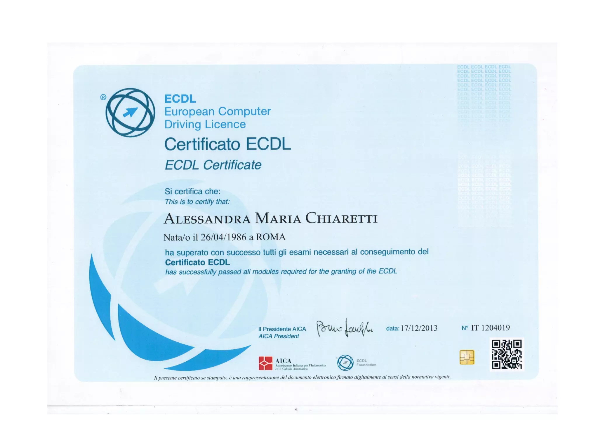 Attestato "Certificazione ECDL" | ODT