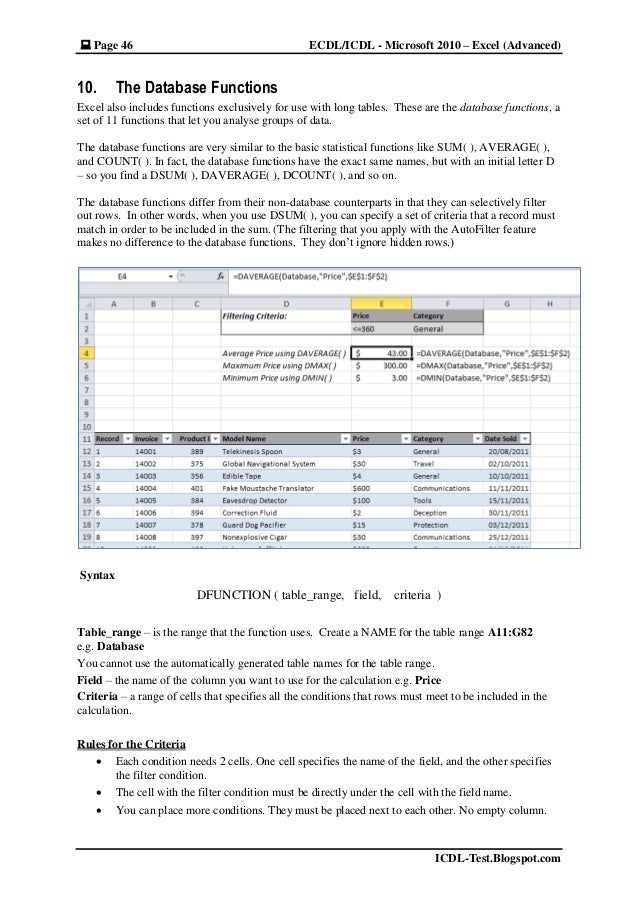 ECDL / ICDL Advanced Excel 2010 - Tutorial. A high level certificati…