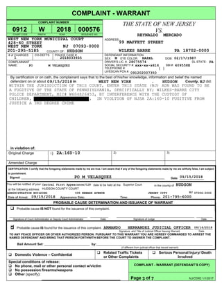 Complaint - Warrant Reynaldo Mercado West New York | PDF