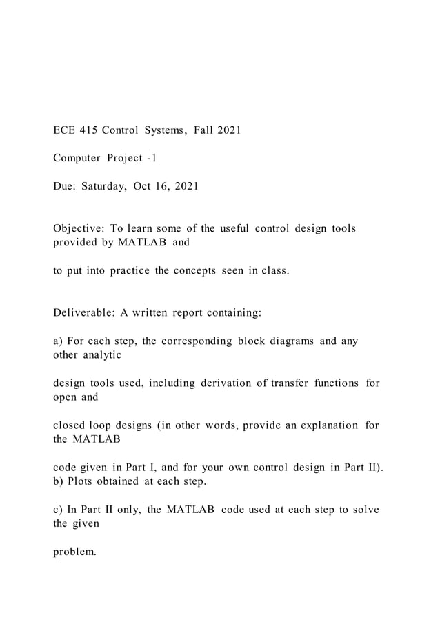 Ece 415 control systems, fall 2021 computer project 1 | DOCX | Radio Control | Hobbies & Interests