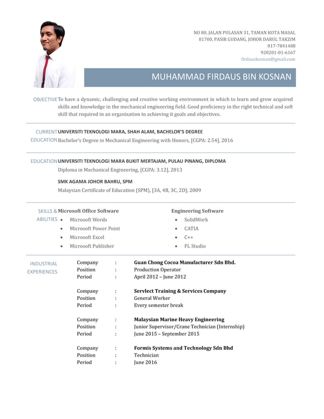 MUHAMMAD FIRDAUS BIN KOSNAN (resume) | PDF