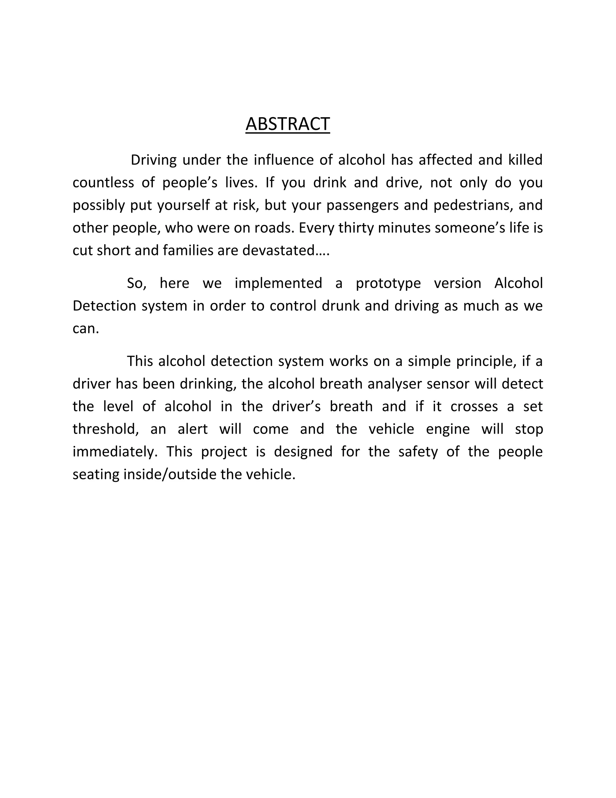 Alcohol Sensing Alert With Engine Locking Project Pdf