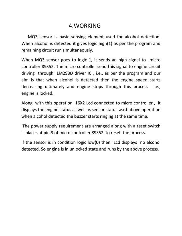 Alcohol sensing alert with engine locking project | PDF