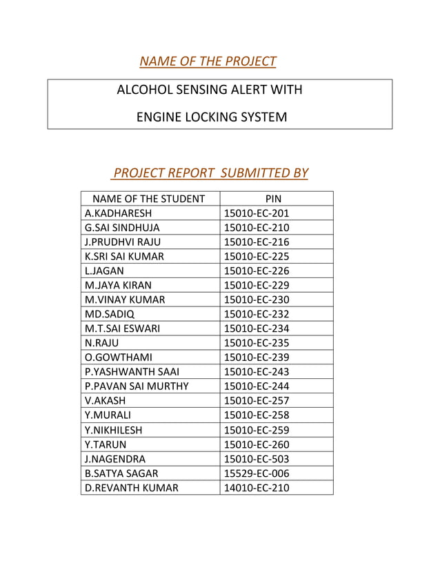 Alcohol sensing alert with engine locking project | PDF