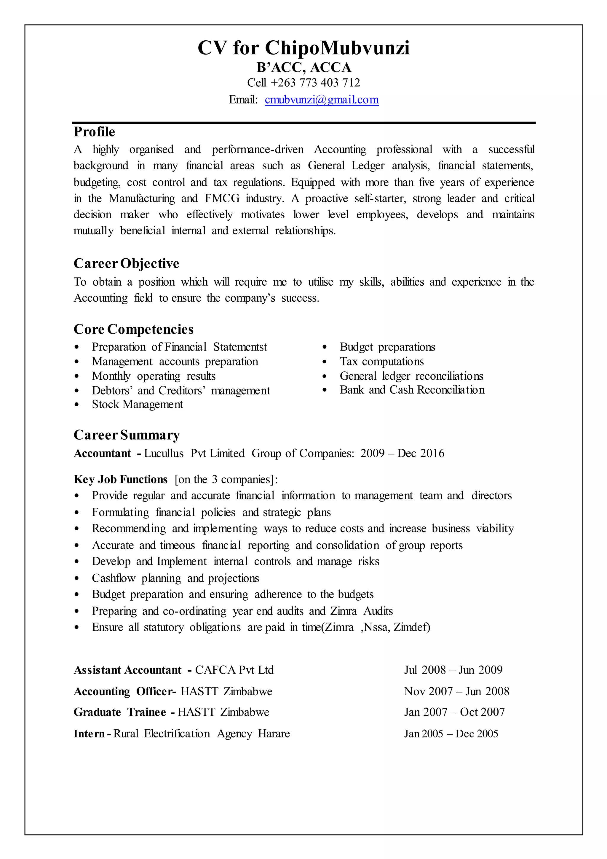 CV for Chipo Mubvunzi | PDF