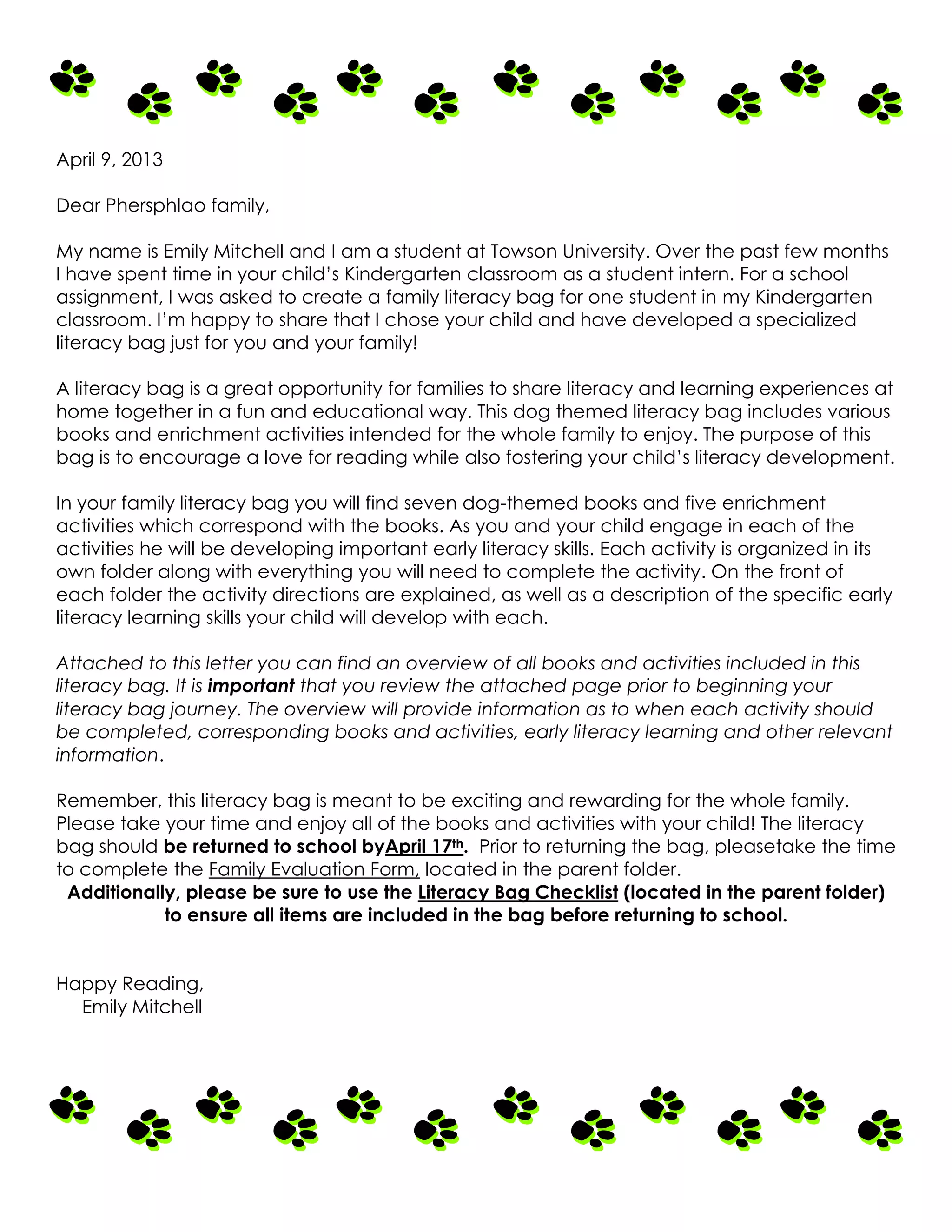 Eced 360 literacy bag family introduction letter | DOCX