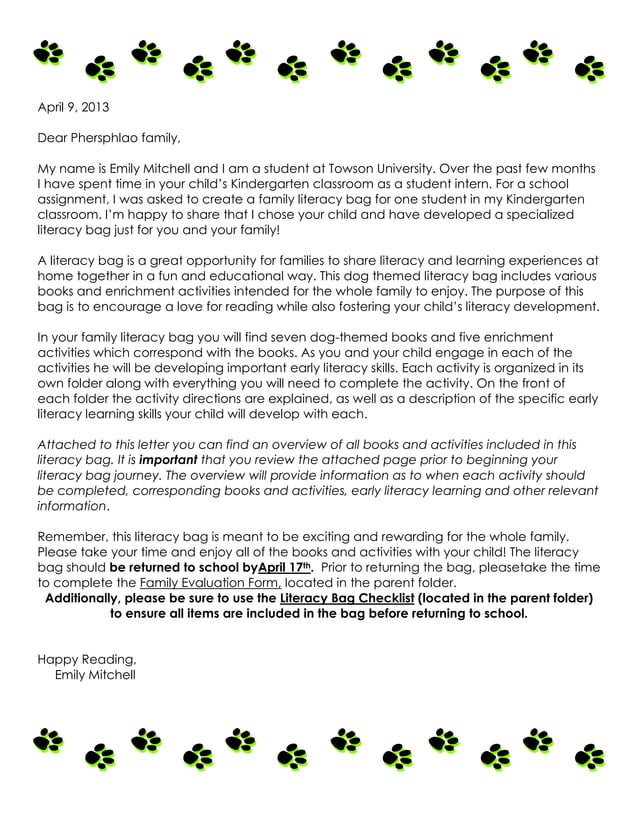 Eced 360 literacy bag family introduction letter | DOCX