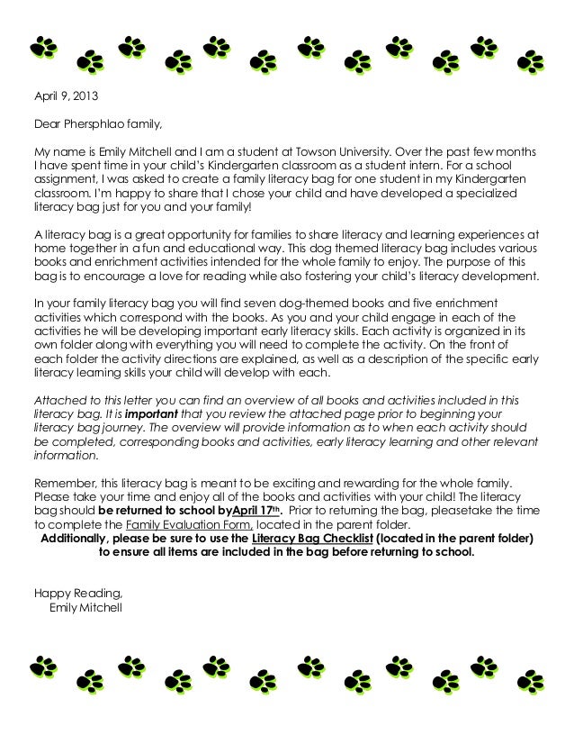 Eced 360 literacy bag family introduction letter