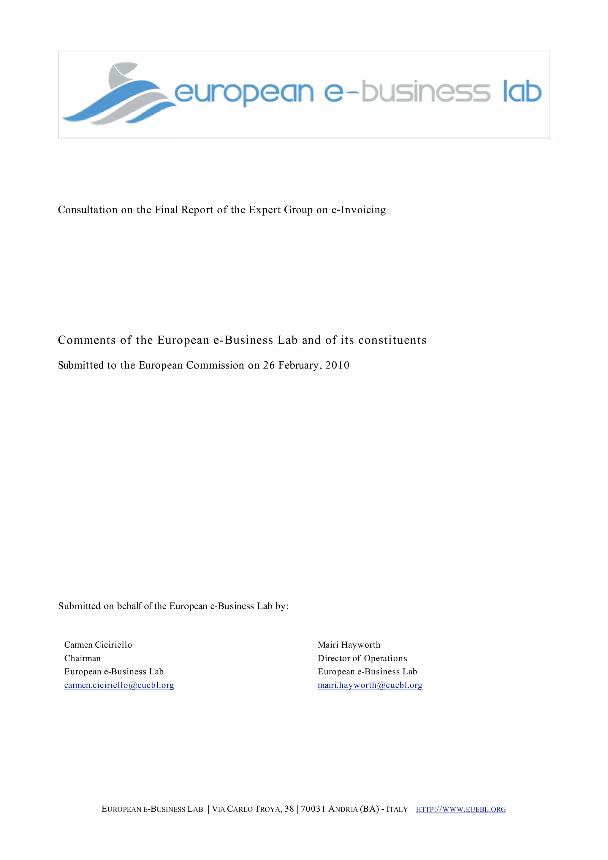 EBL input to EC consultation on the Final Report of the Expert Group on e-Invoicing | PDF