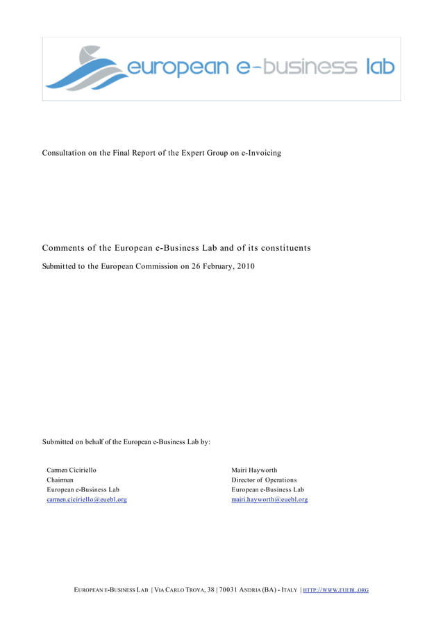 EBL input to EC consultation on the Final Report of the Expert Group on e-Invoicing | PDF