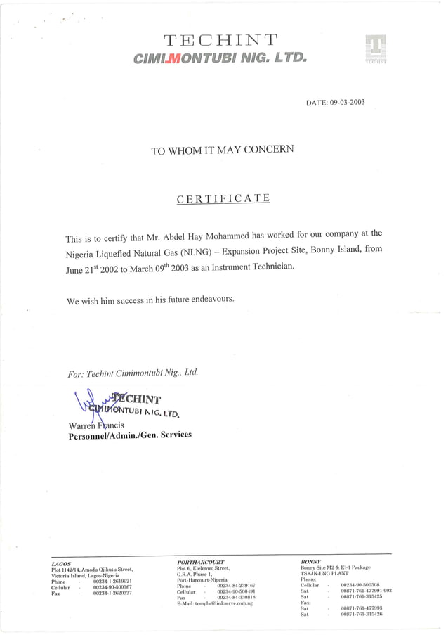 Certificate from TECHINT | PDF