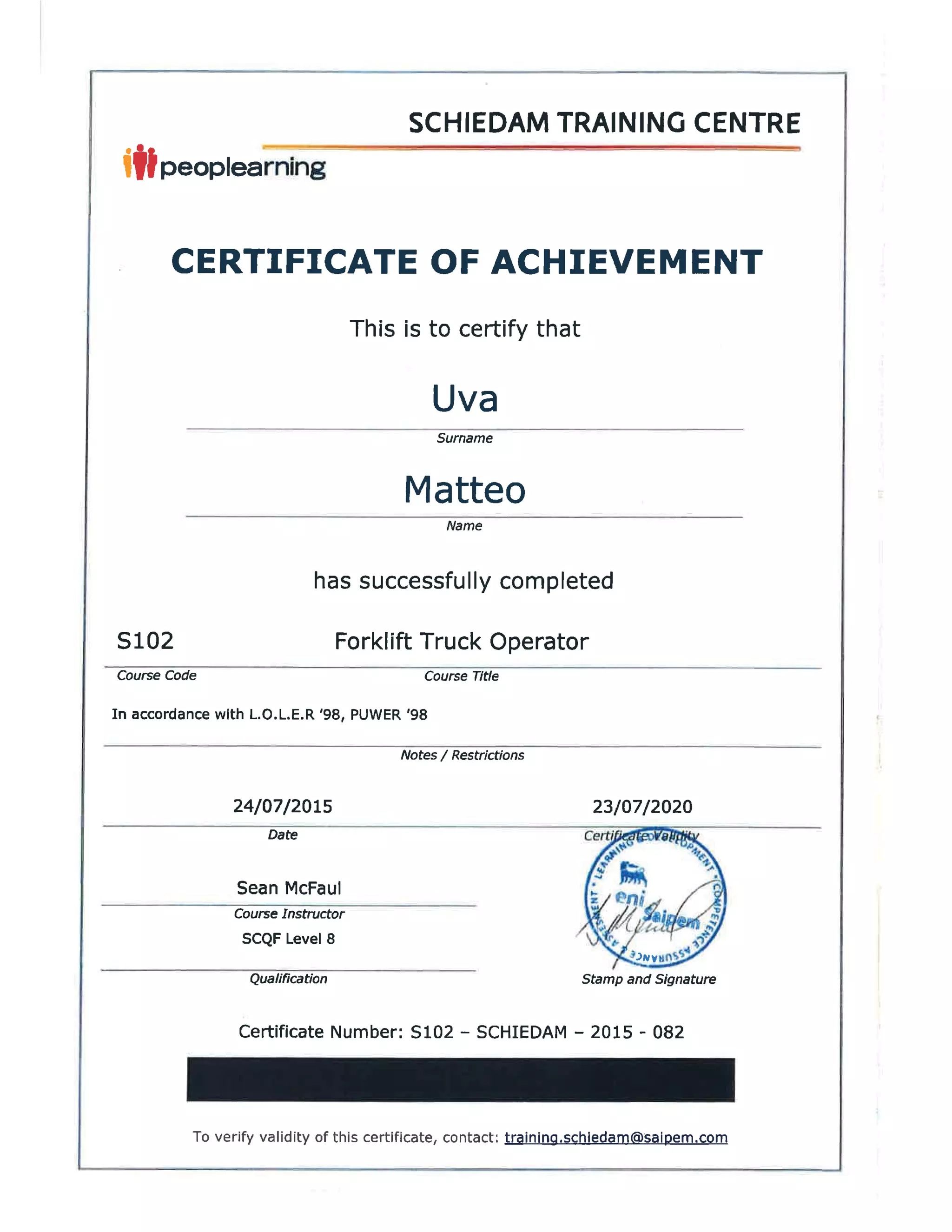 Forklift Truck Operator certificate | PDF