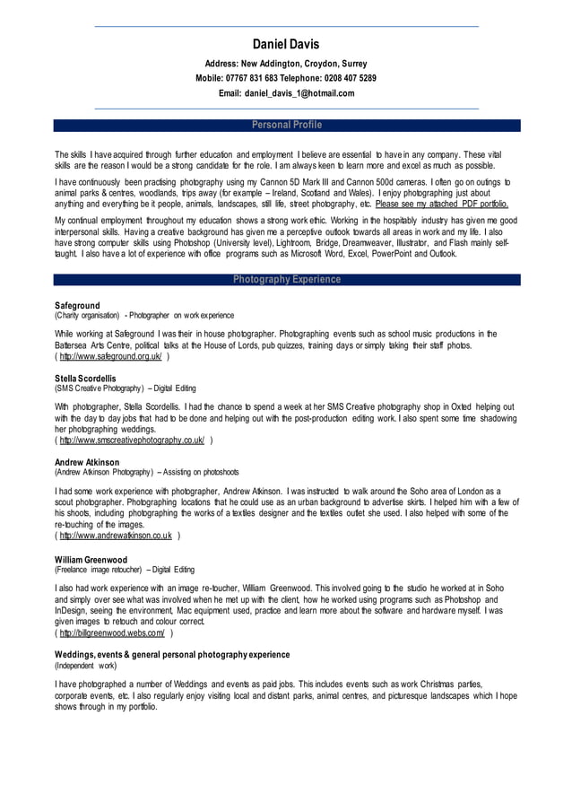 11th Nov - Photography CV - Daniel Davis | DOCX