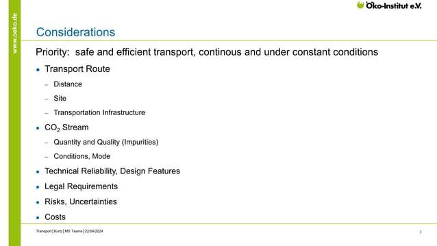 Transport: CO2 conditions during transport - Risks of transport by ...