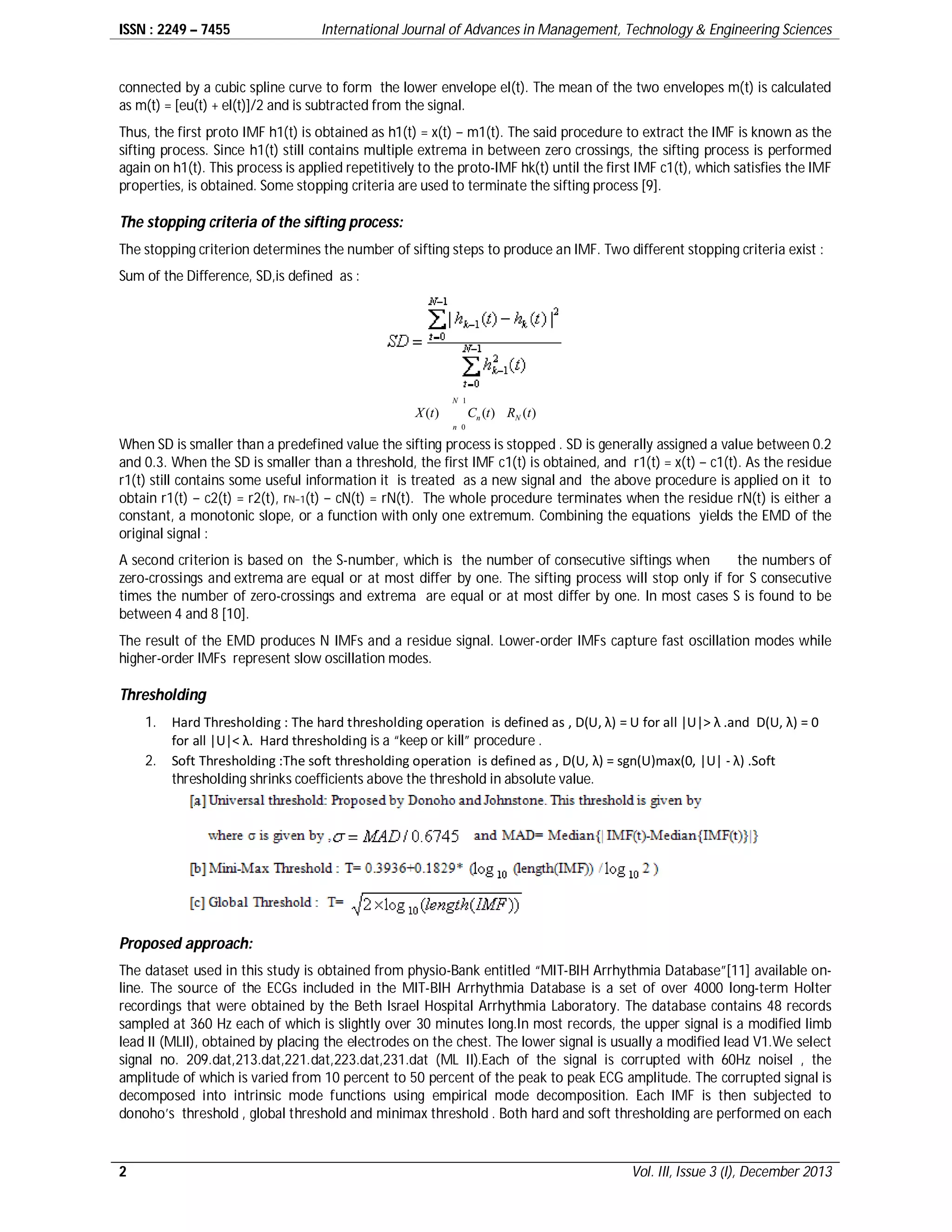 ECG SIGNAL DENOISING USING EMPIRICAL MODE DECOMPOSITION | PDF