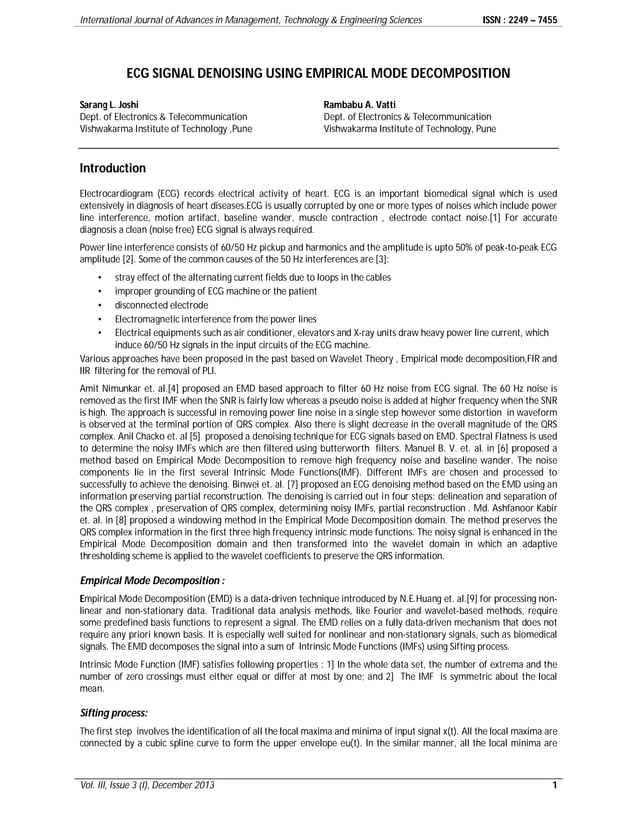ECG SIGNAL DENOISING USING EMPIRICAL MODE DECOMPOSITION | PDF