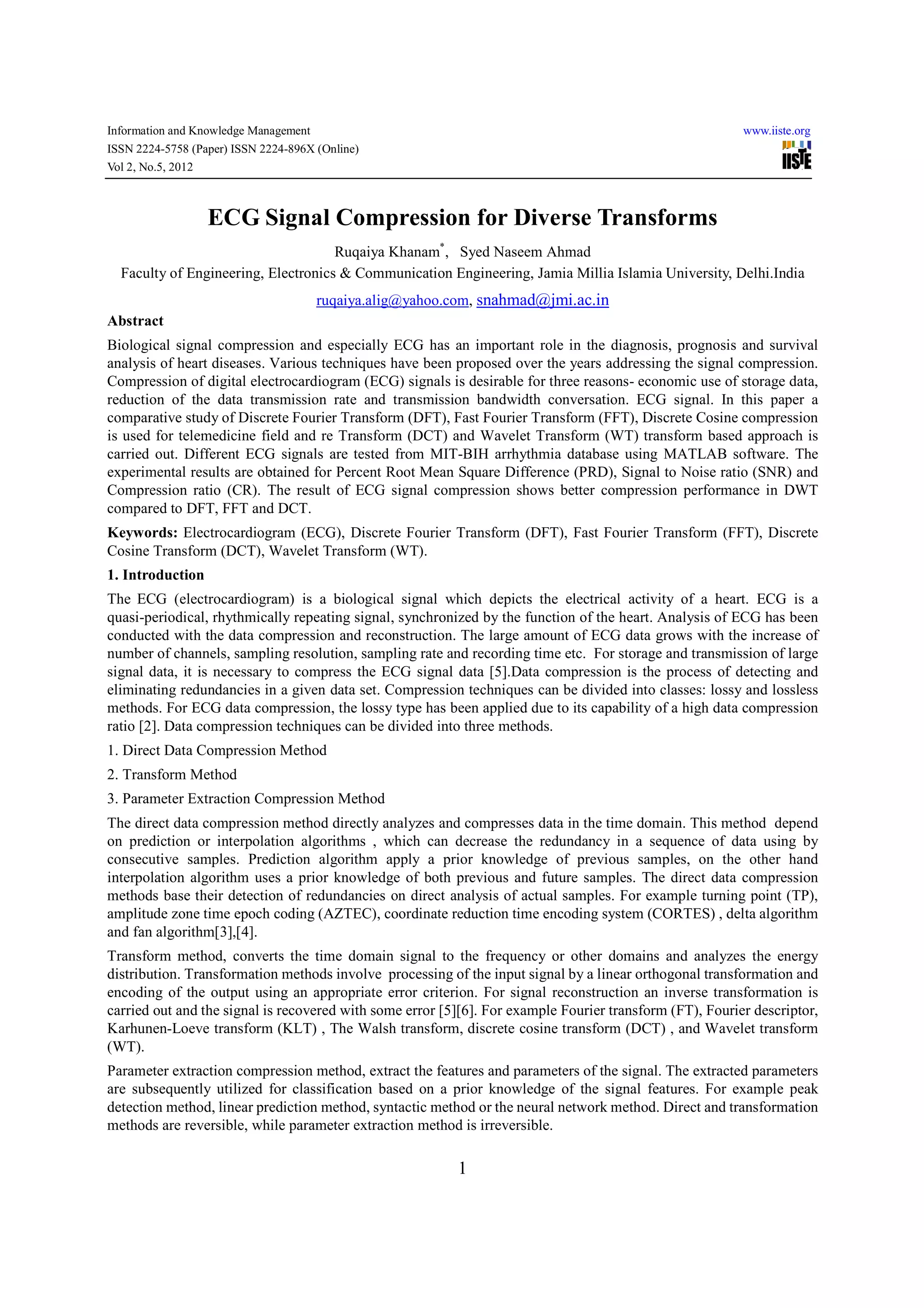 Ecg signal compression for diverse transforms | PDF Ecg signal compression for diverse transforms | PDF